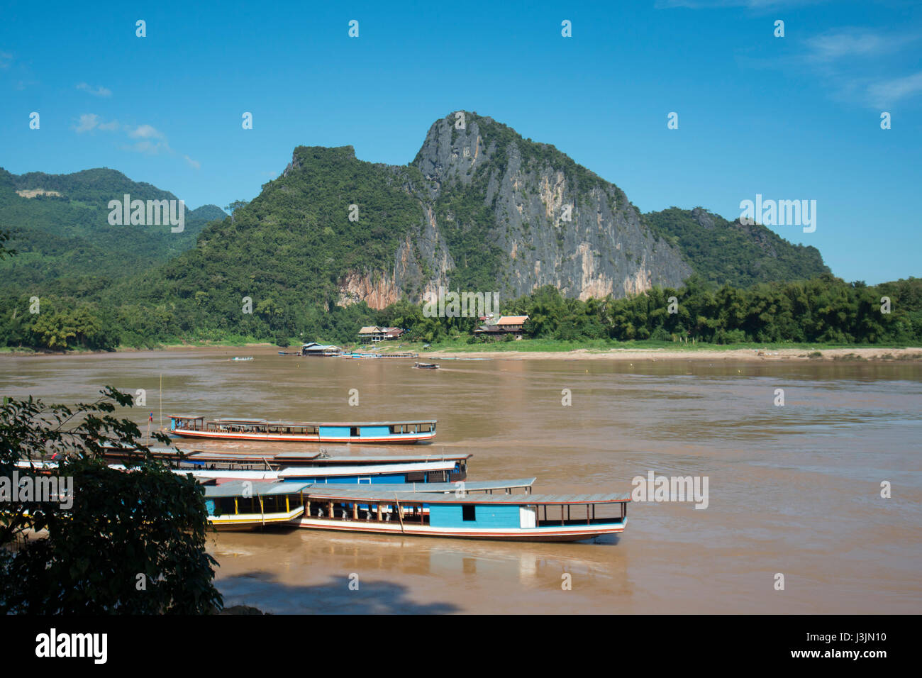 the Landscape at the Mekong River in the town of Luang Prabang in the ...