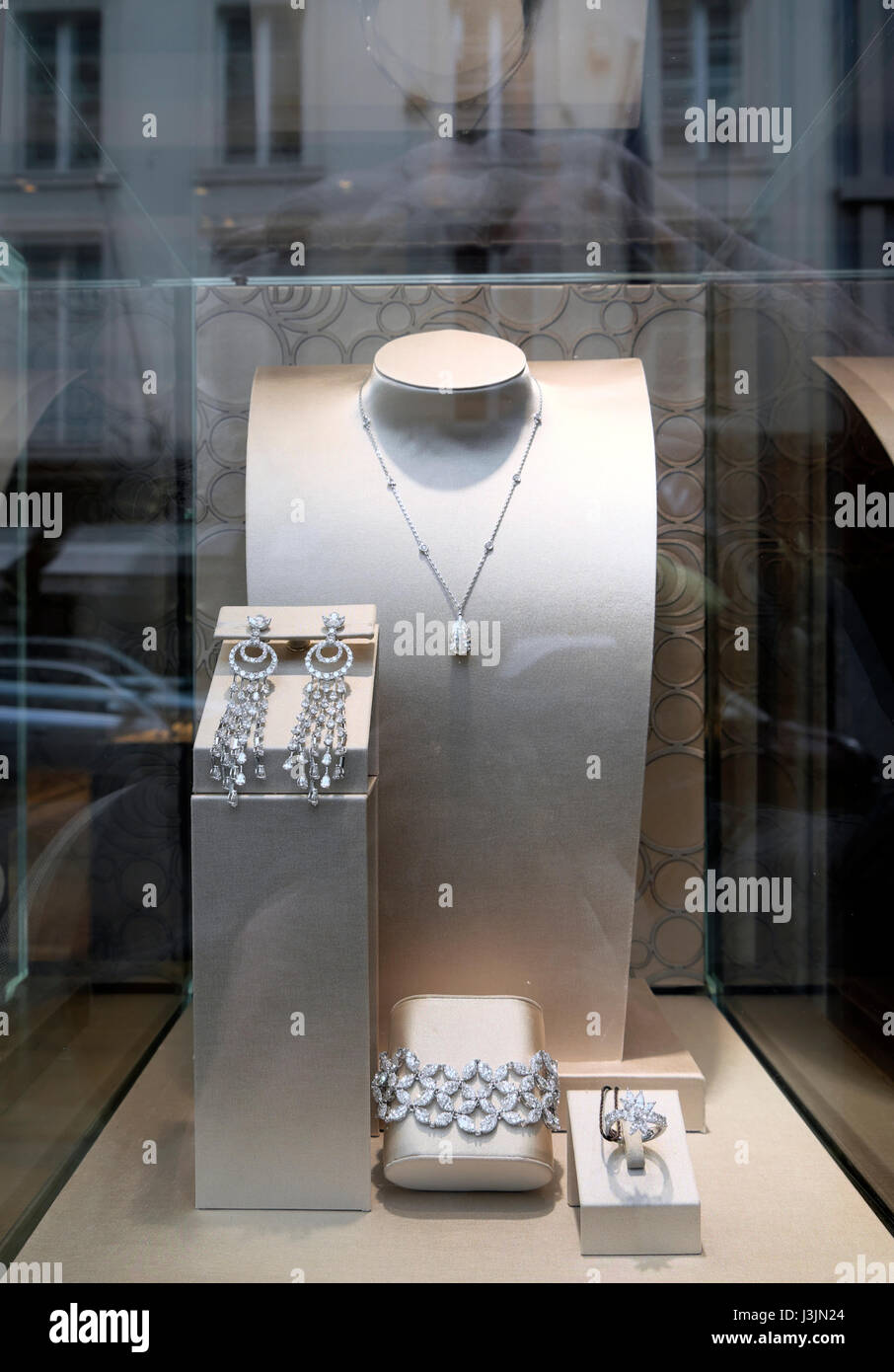 Jewels display in a jewellery shop jewellers window in New Bond Street ...