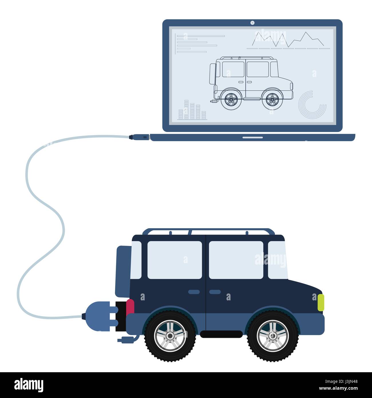 4x4 car connected to a laptop through a usb cable. Outline of the car ...