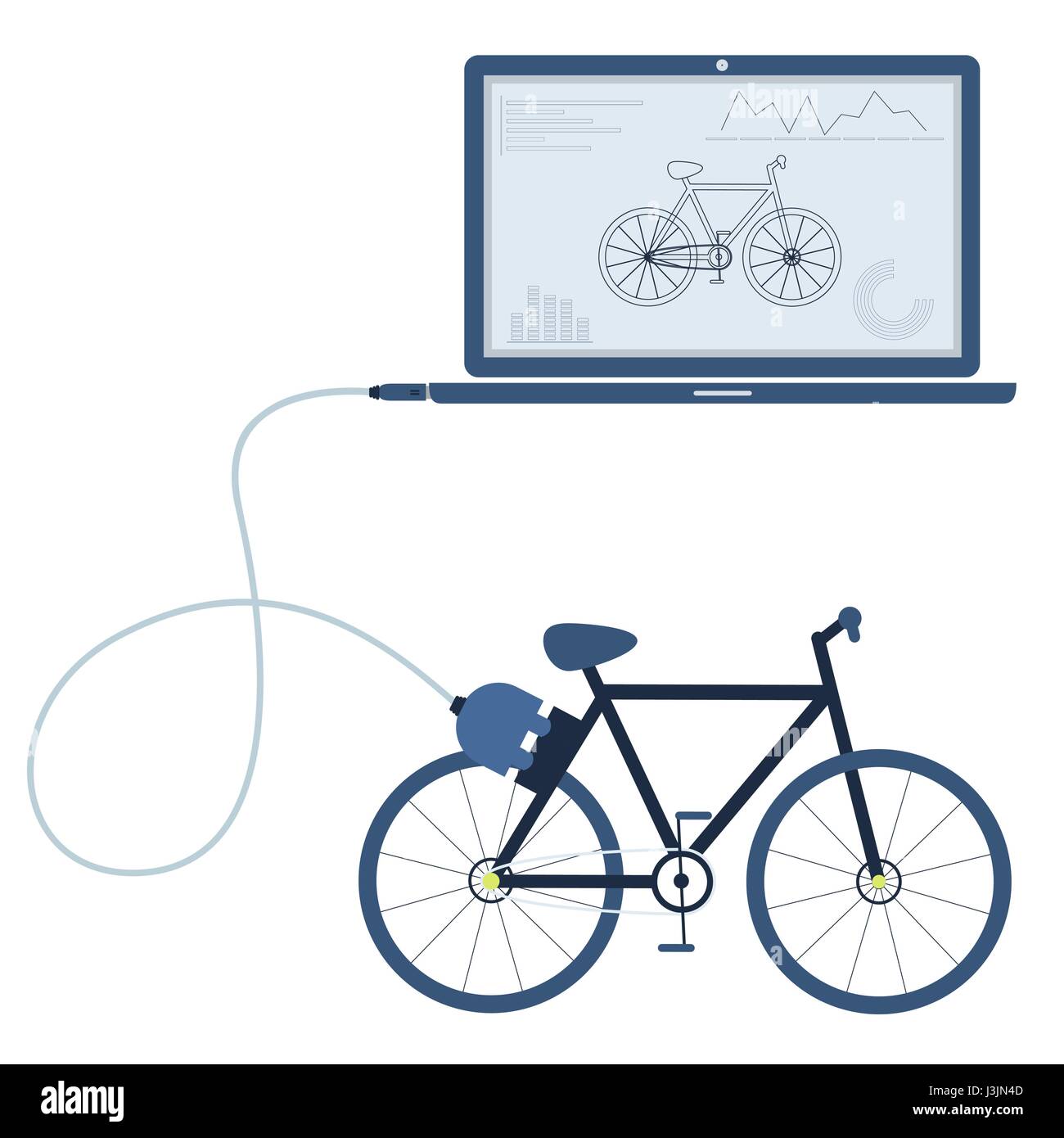 Bike connected to a laptop through a usb cable. Outline of the bike and ...