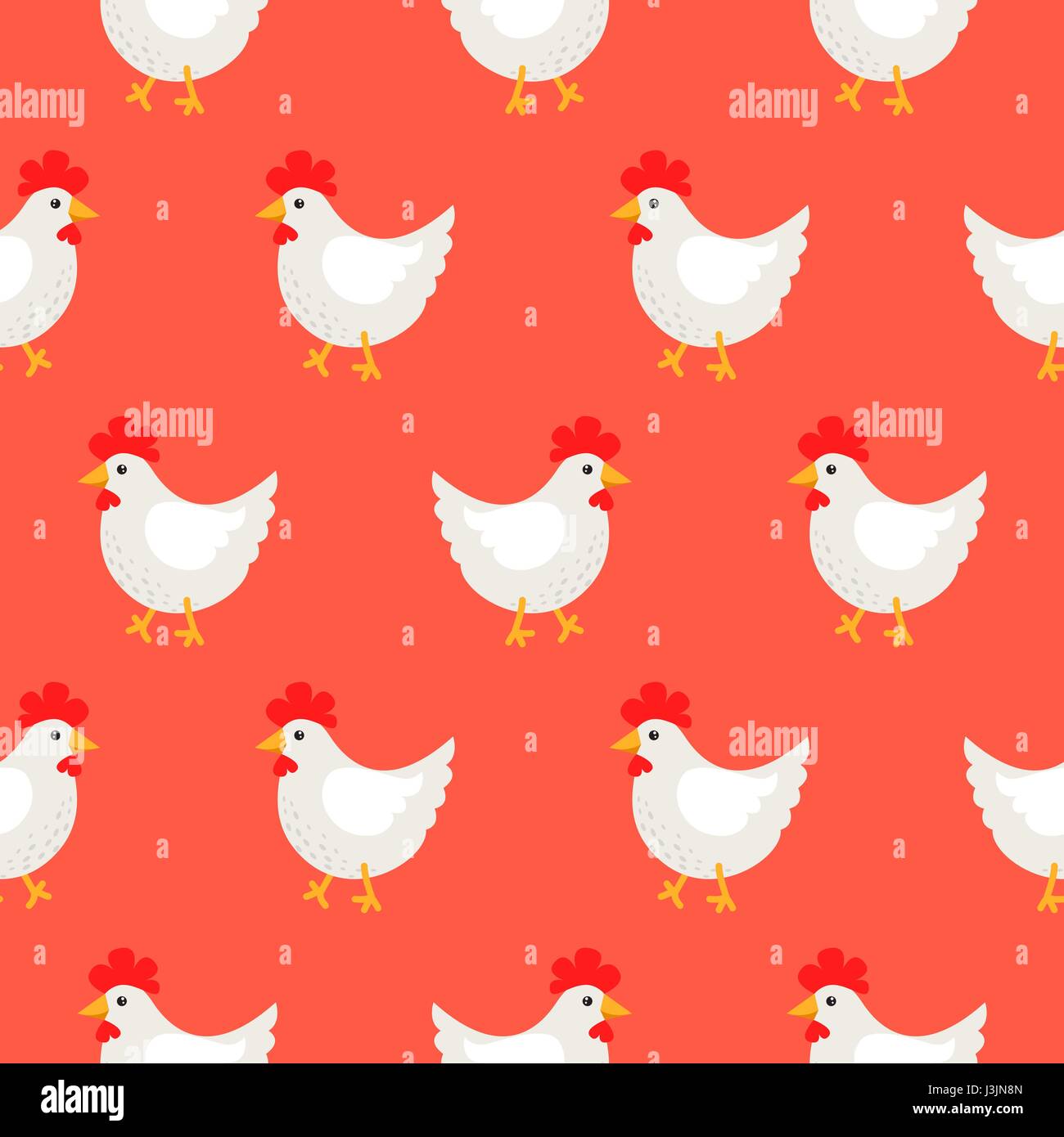 White rooster cute rural seamless vector pattern. Farm birds simple ...