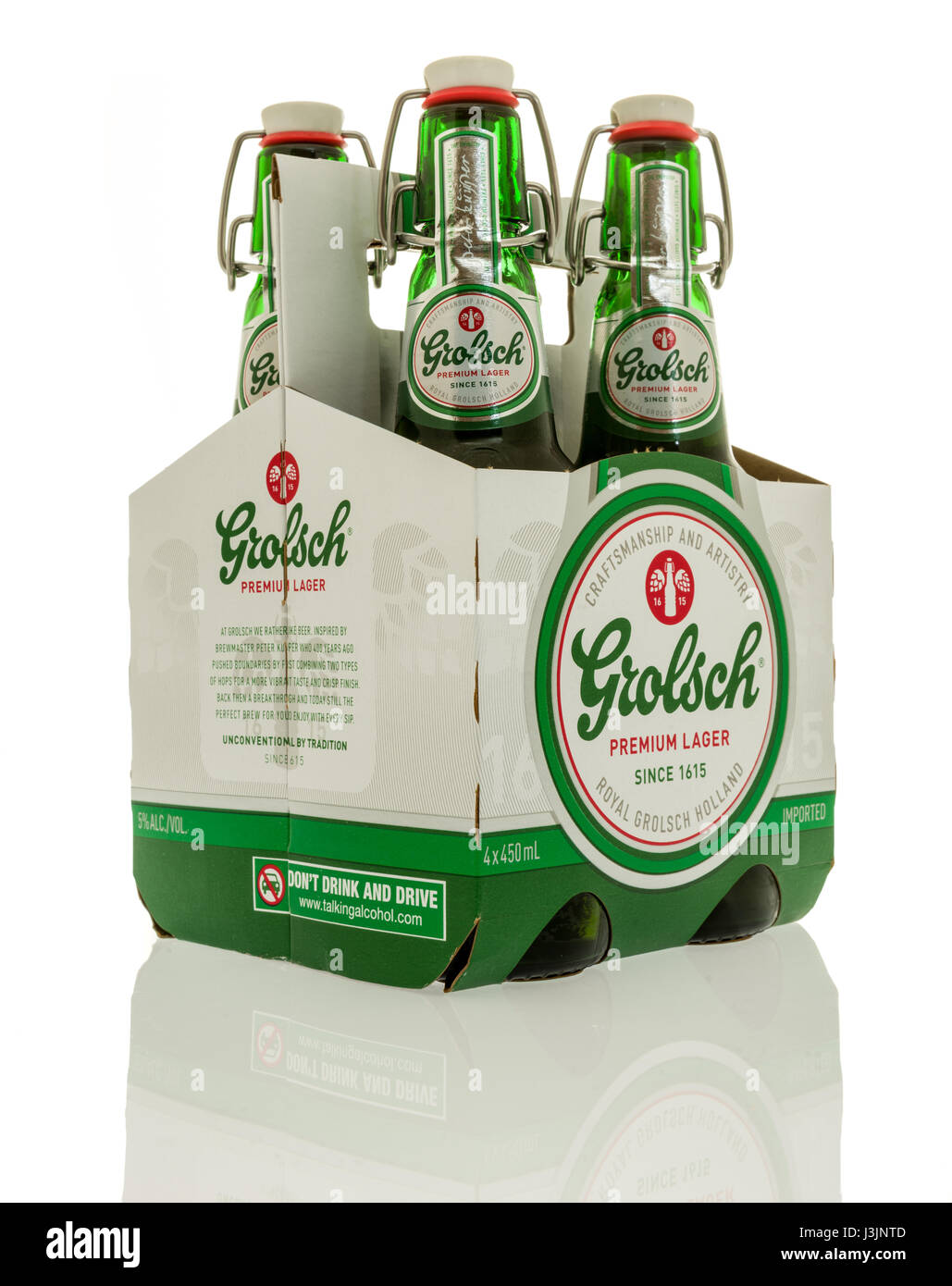 Winneconne, WI - 28 April 2017: A package of Grolsch premium lager beer ...