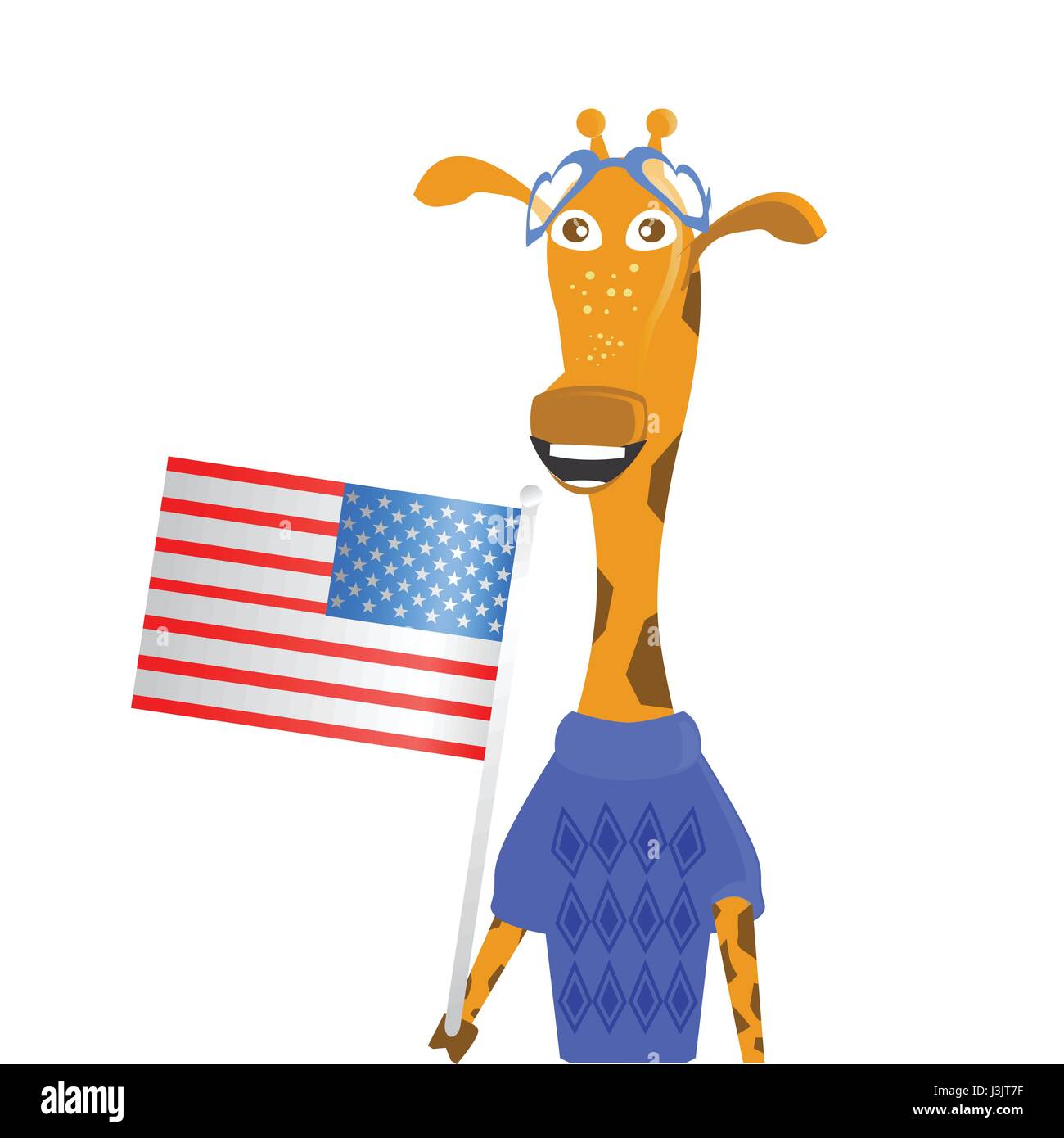 A giraffe man is holding an American flag. Child's illustration ...