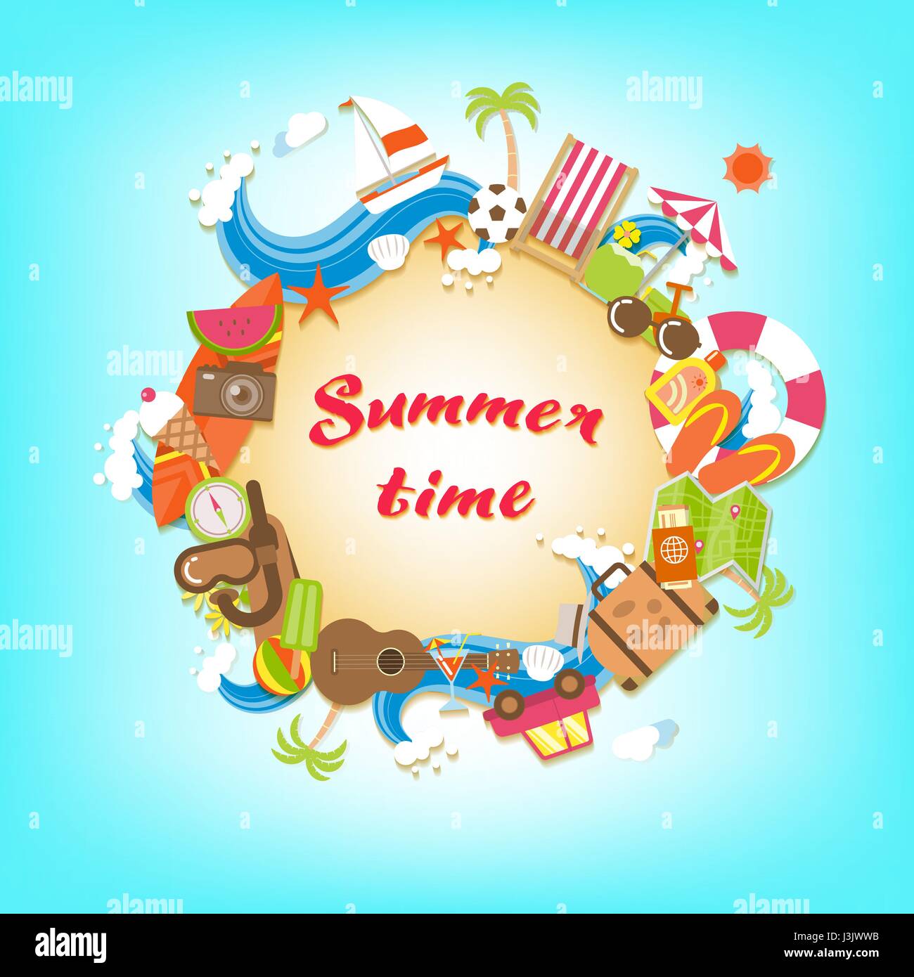 Summer time sandy circle banner surrounded with colorful beach elements ...