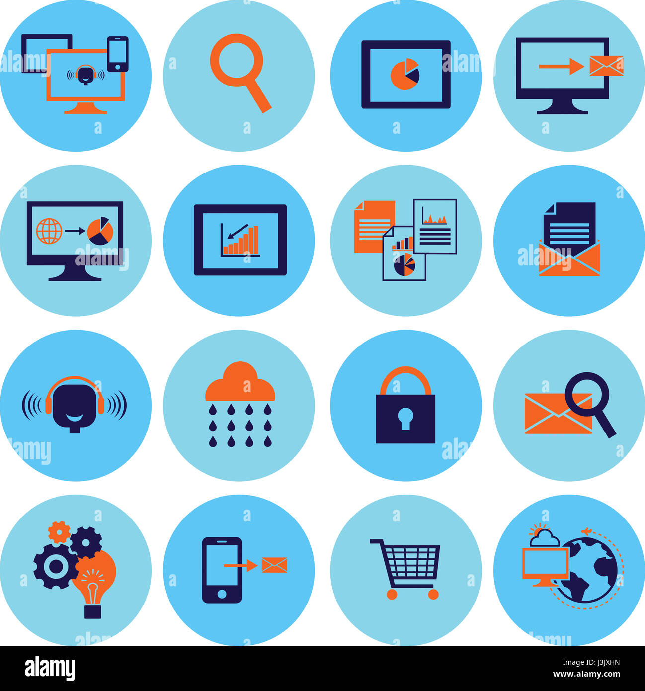 Various computer icons in blue circles Stock Photo - Alamy