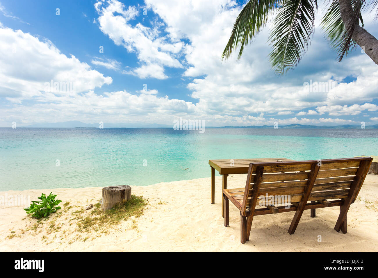 Bench under palm tree on a tropical island near Palawan, Philippines ...