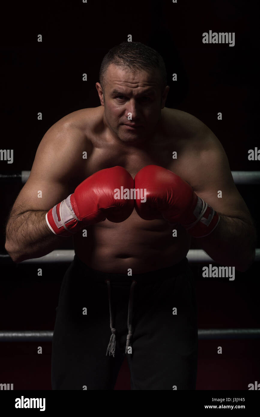 professional kickboxer with hands in martial arts position training for ...