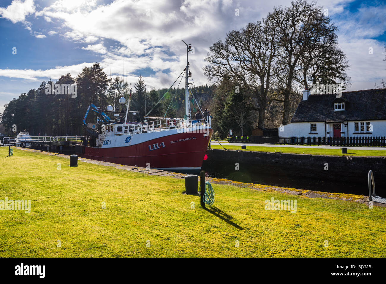 Kytra lock with motor vessel, Caledonian Canal, Highlands, Scotland, UK ...