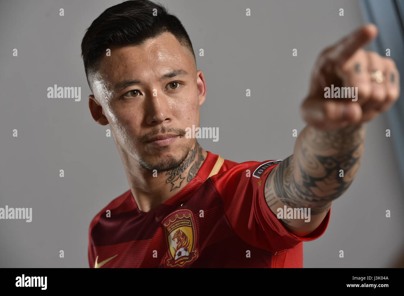 Portrait of Chinese soccer player Zhang Linpeng of Guangzhou Evergrande ...