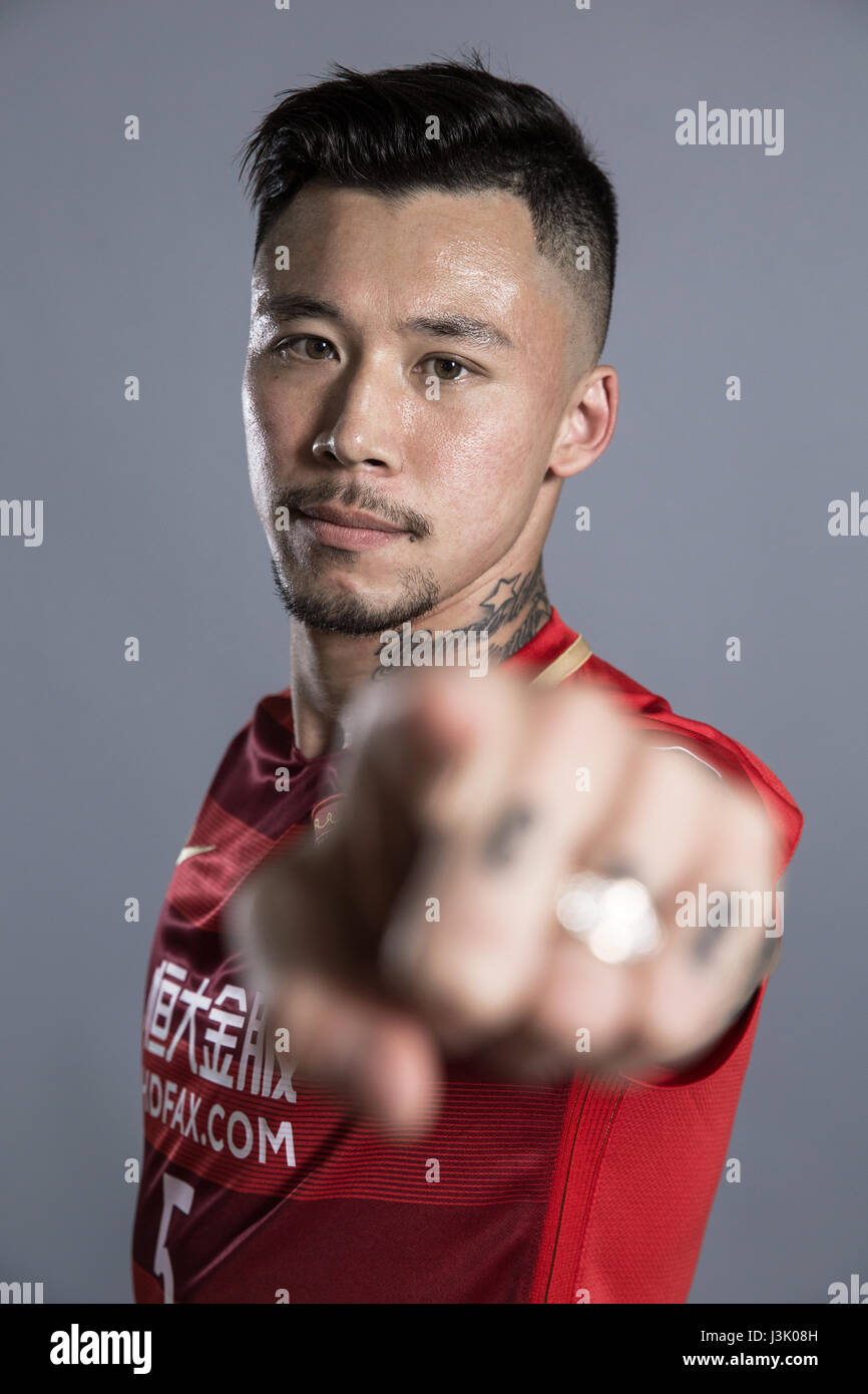 Portrait of Chinese soccer player Zhang Linpeng of Guangzhou Evergrande ...