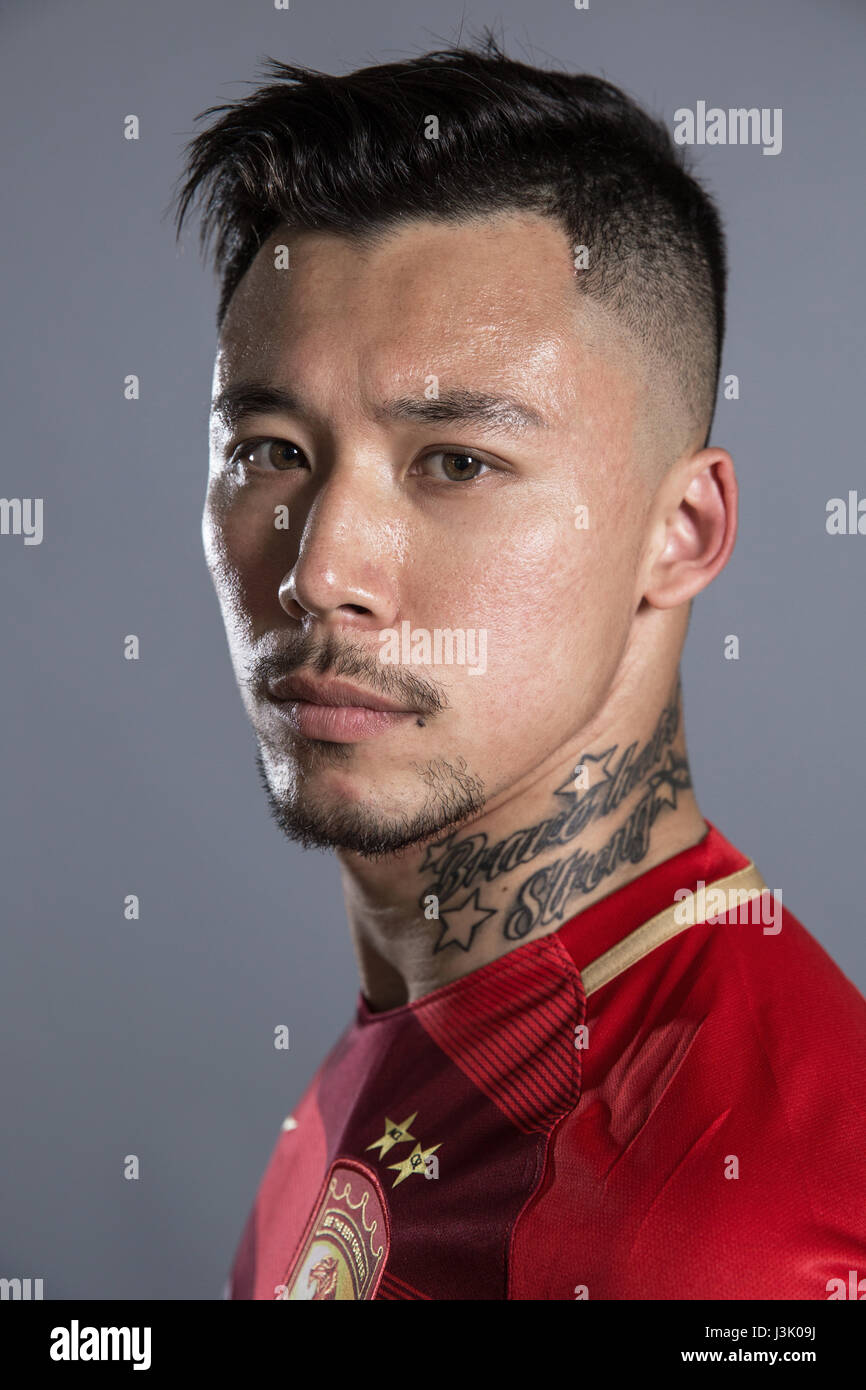 Portrait of Chinese soccer player Zhang Linpeng of Guangzhou Evergrande ...