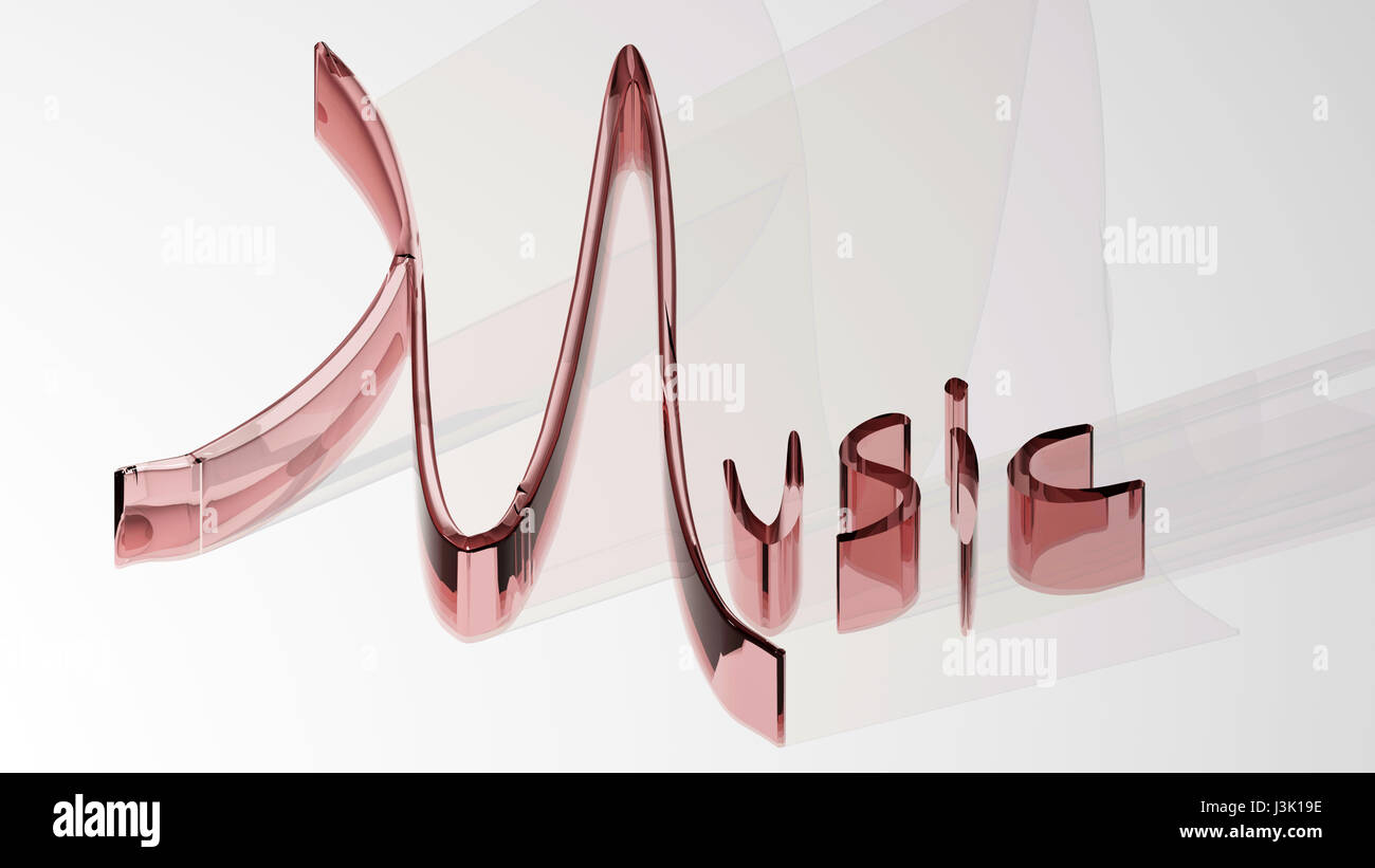 The word "Music" written with reddish semi-transparent 3D letters on ...