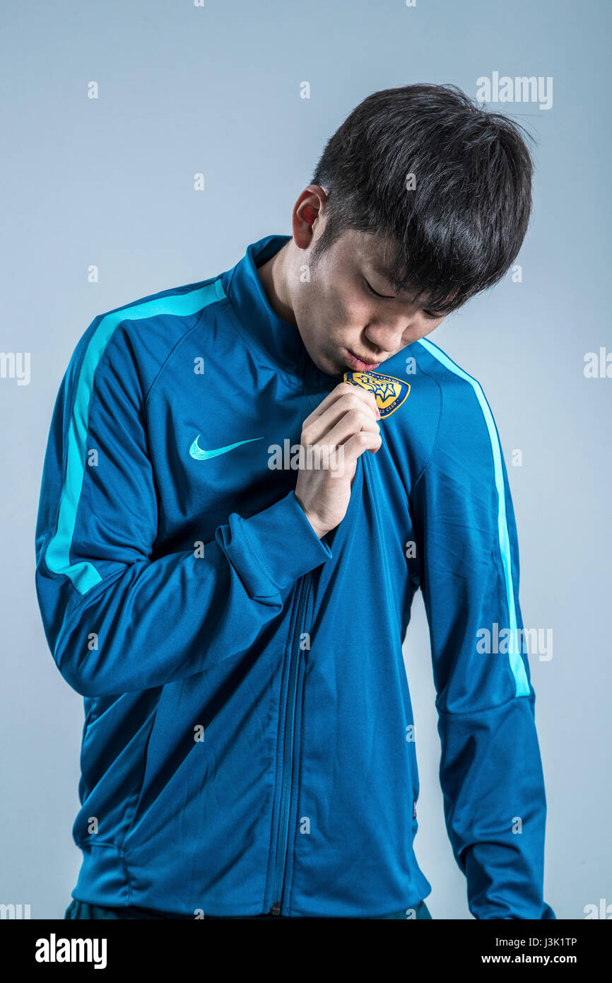 Portrait of Chinese soccer player Zhang Xiaobin of Jiangsu Suning F.C ...