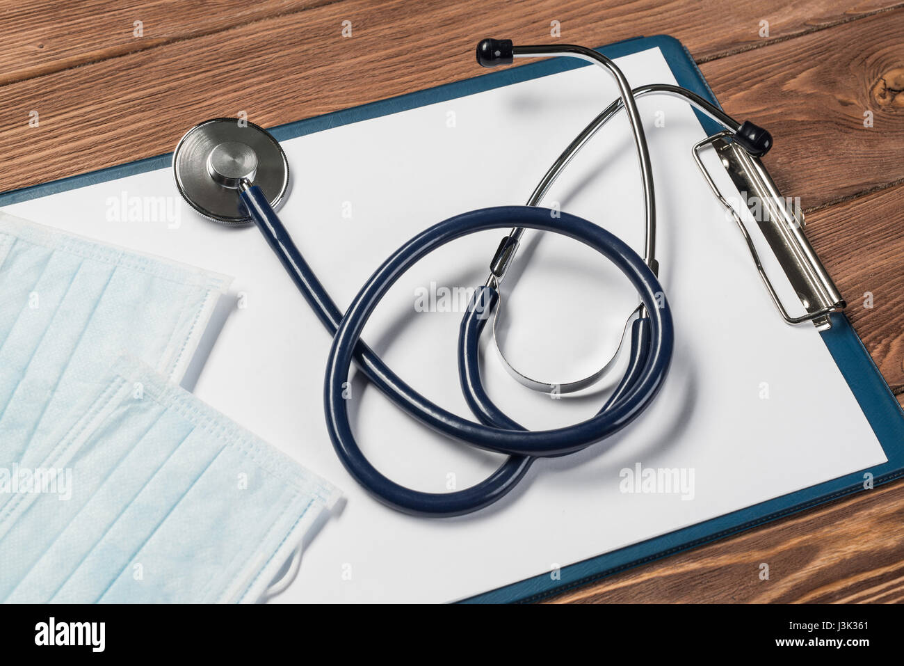 Desk of doctor with medicine things Stock Photo - Alamy