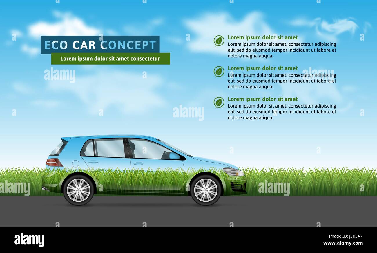 Eco car concept. Hatchback profile view on the grass and sky background ...