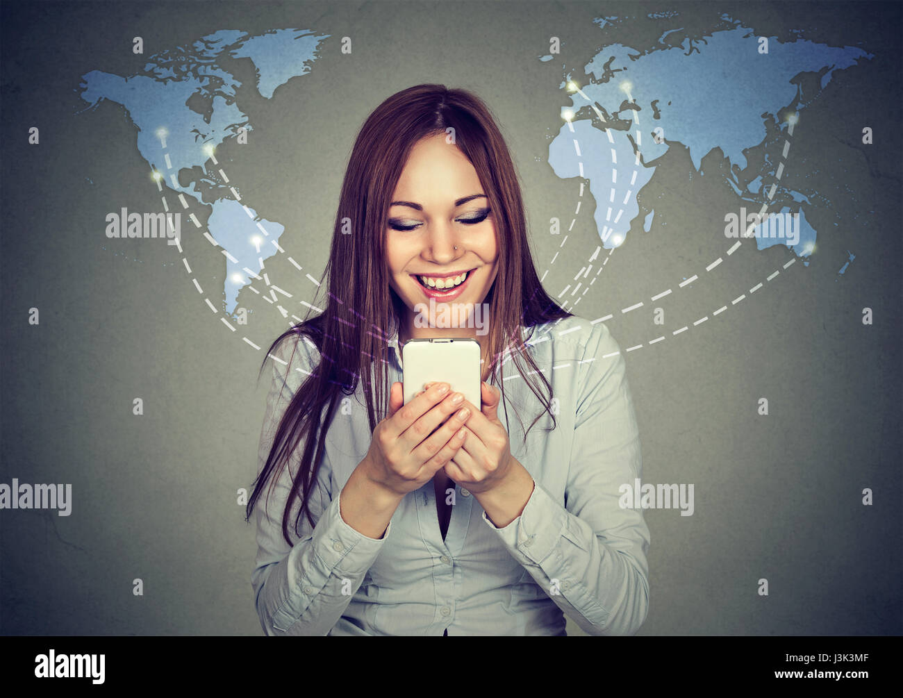 Web connection concept. Woman using smartphone browsing internet on ...