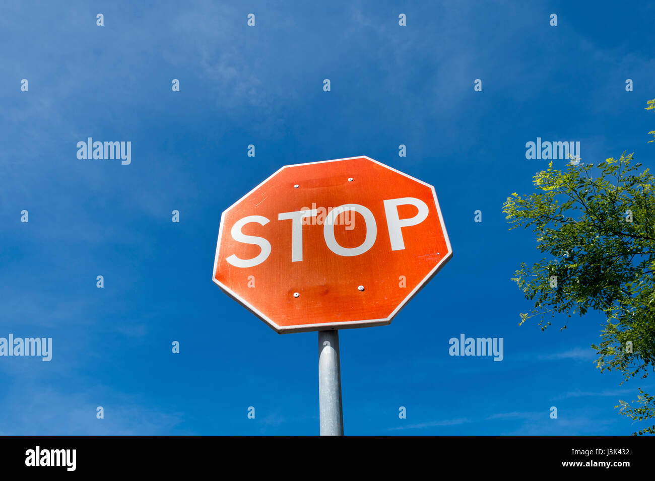 weathered red stop sign against a blue sky Stock Photo - Alamy