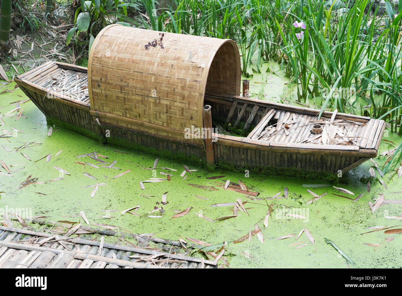 Abandoned chinese bamboo boat in green water, Sichuan, China Stock ...
