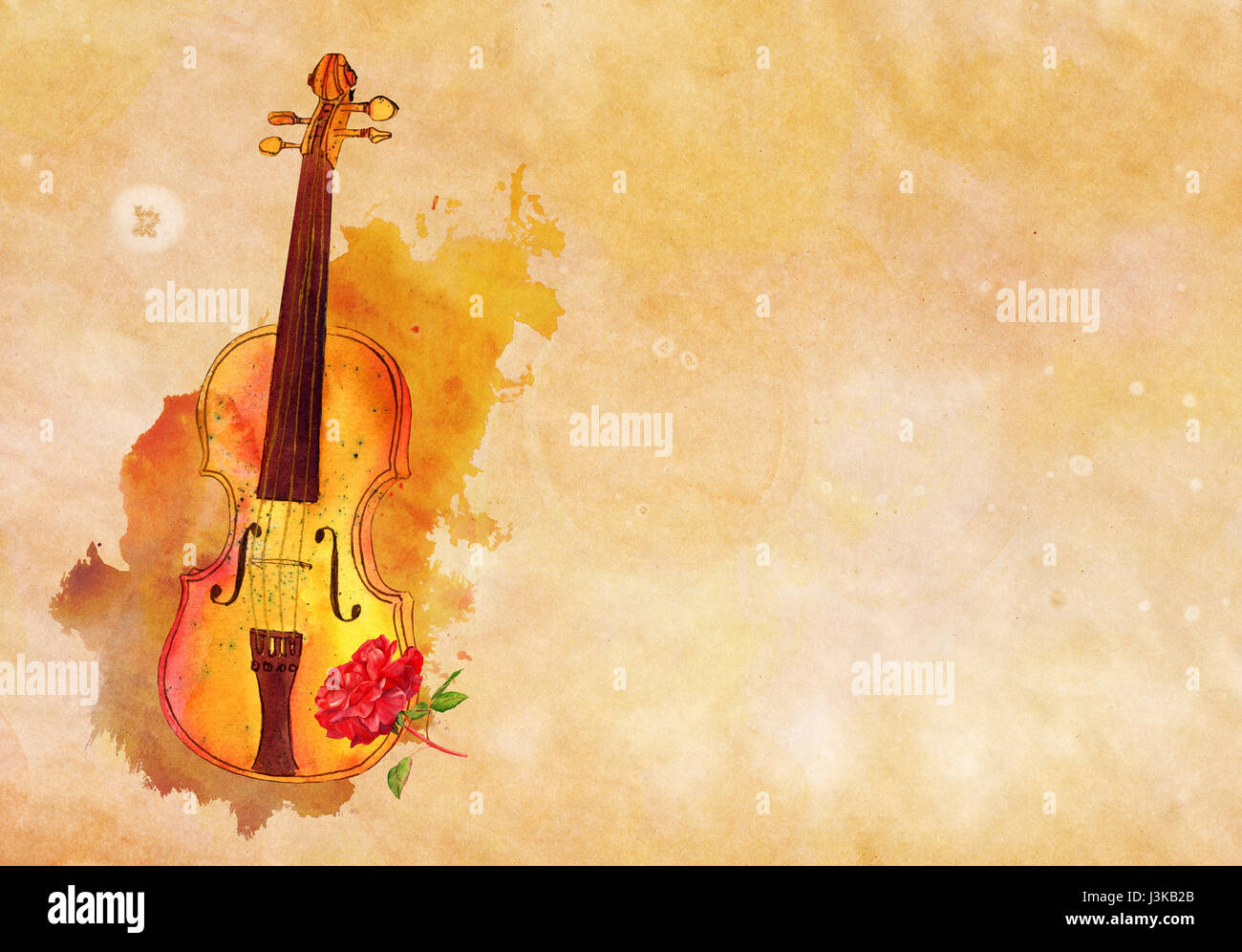 A watercolour and ink drawing of a violin with a red rose, with a ...