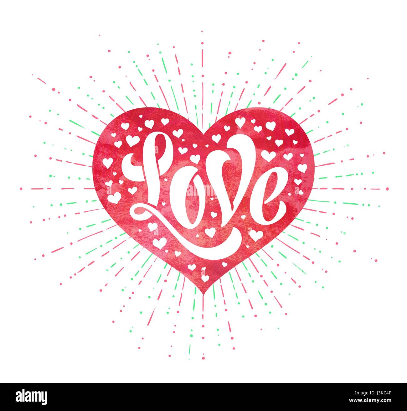 Hand lettering Love in red watercolor heart for greeting card. Handmade ...