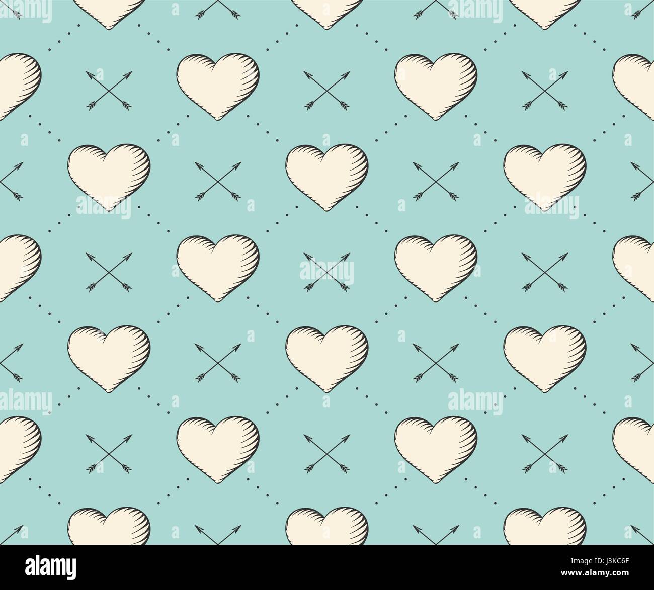 Seamless pattern with heart and arrows in vintage style engraving on a ...