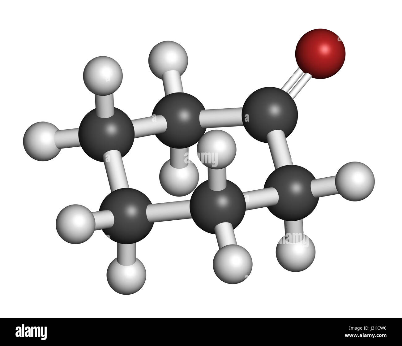 Cyclohexanone organic solvent molecule. Precursor of nylon Atoms are represented as spheres with ...