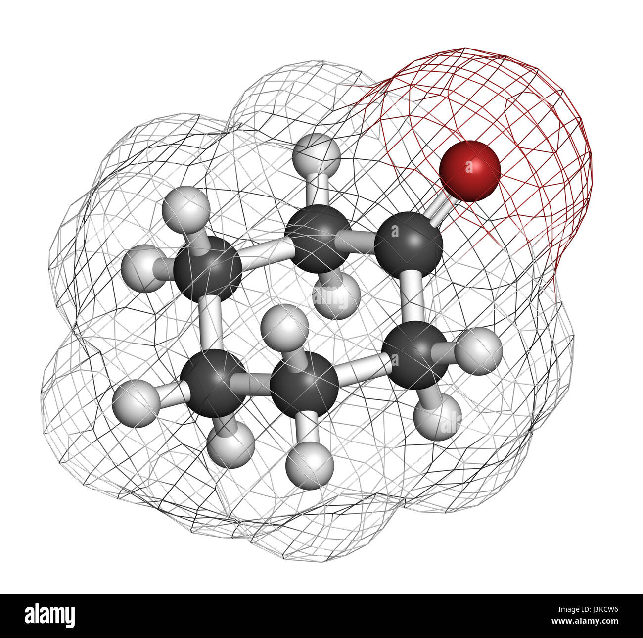 Cyclohexanone organic solvent molecule. Precursor of nylon Atoms are represented as spheres with ...