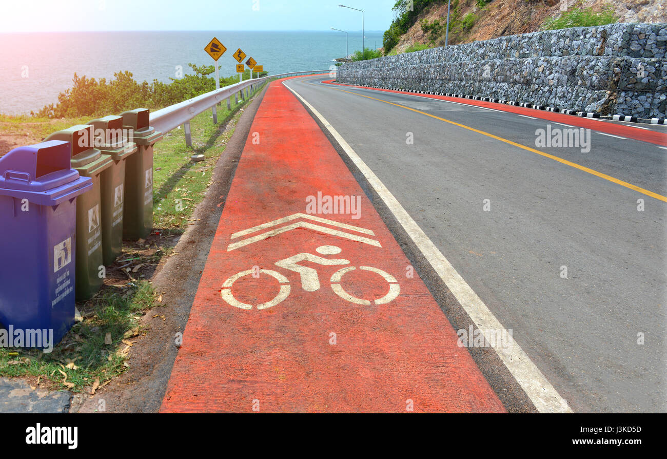 Warning symbol sign for traffic protecion and bike lane sign in the ...