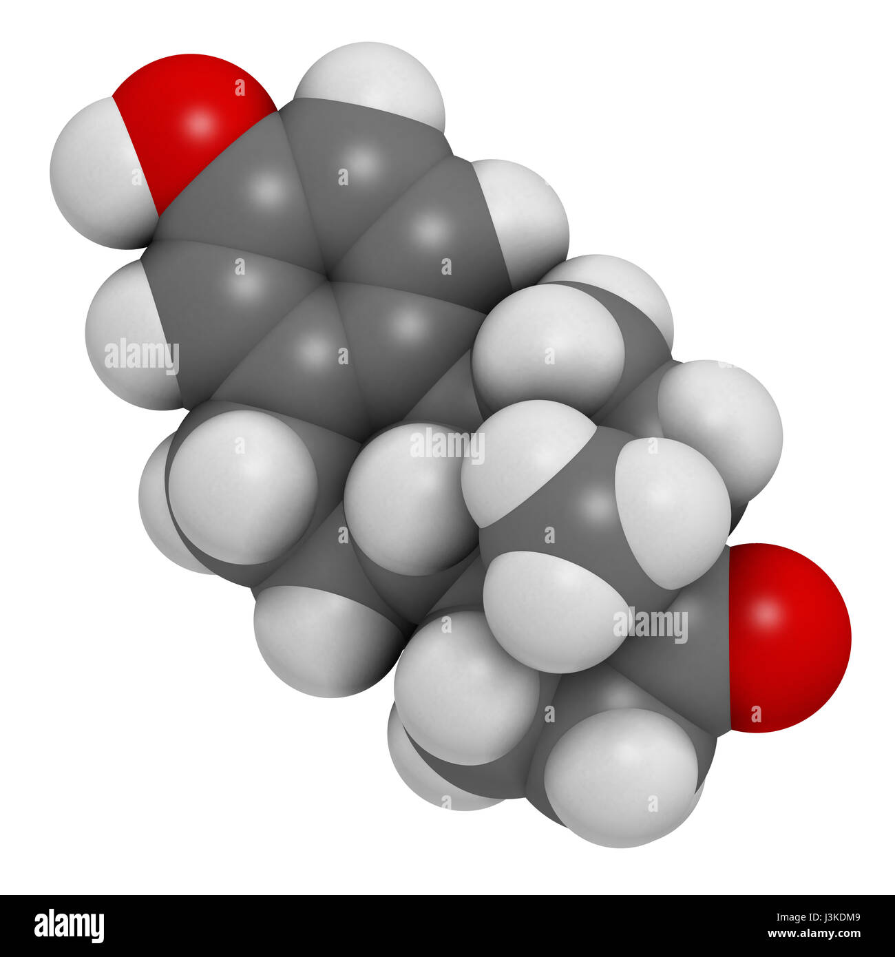 Estrone (oestrone) human estrogen hormone molecule. Atoms are ...