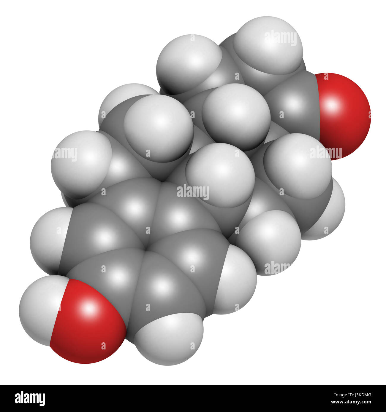 Estrone (oestrone) human estrogen hormone molecule. Atoms are ...