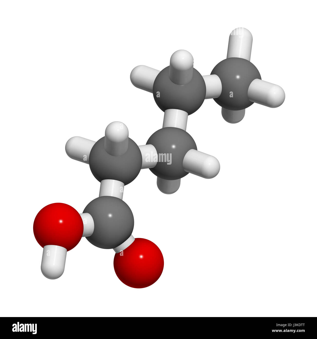 Valeric acid molecule. Smelly molecule, present in the plant valerian ...