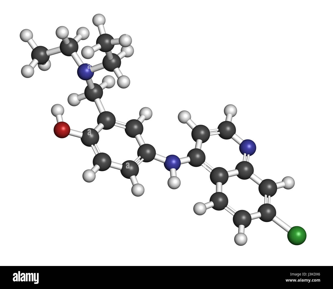 Amodiaquine anti-malarial drug molecule. Atoms are represented as ...