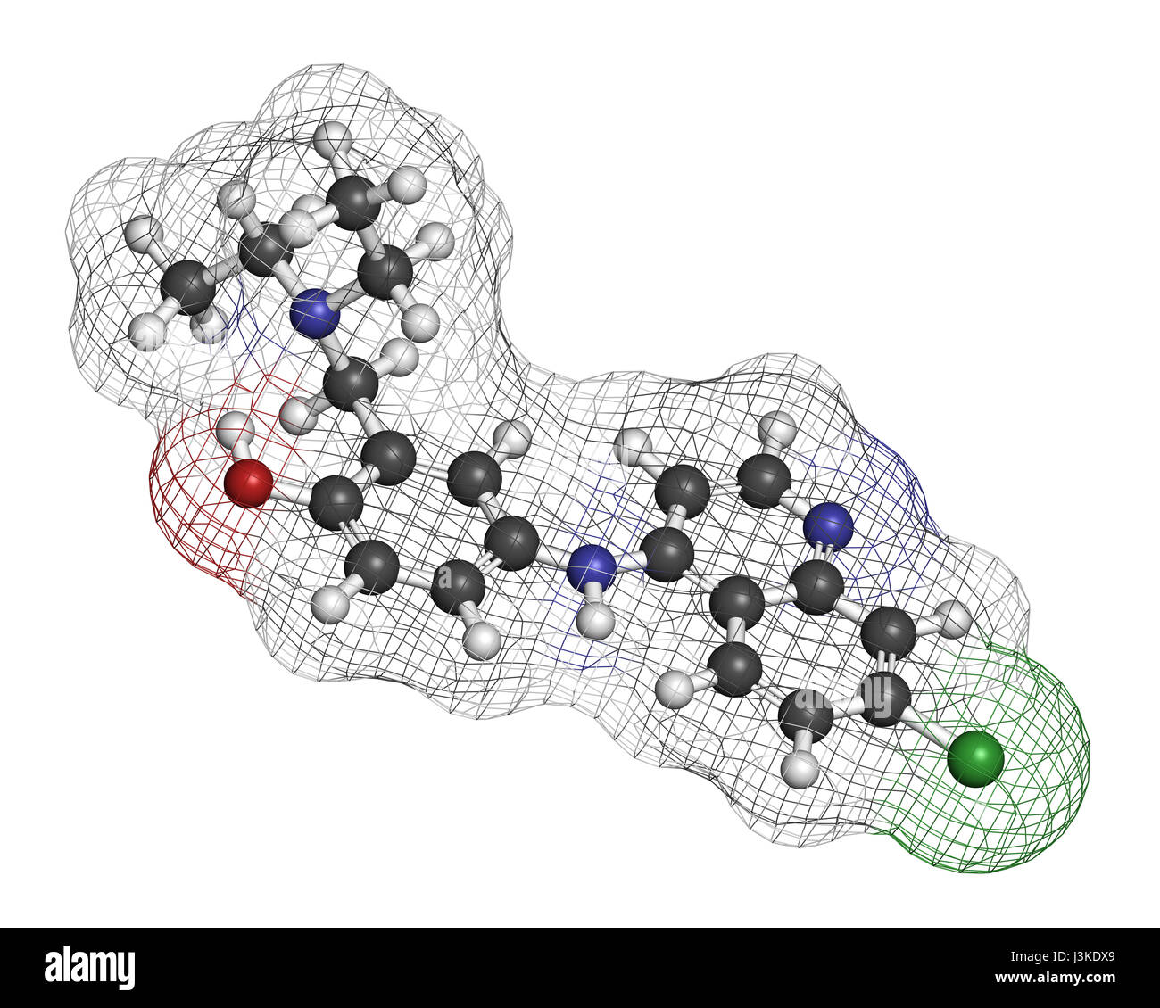 Amodiaquine anti-malarial drug molecule. Atoms are represented as ...