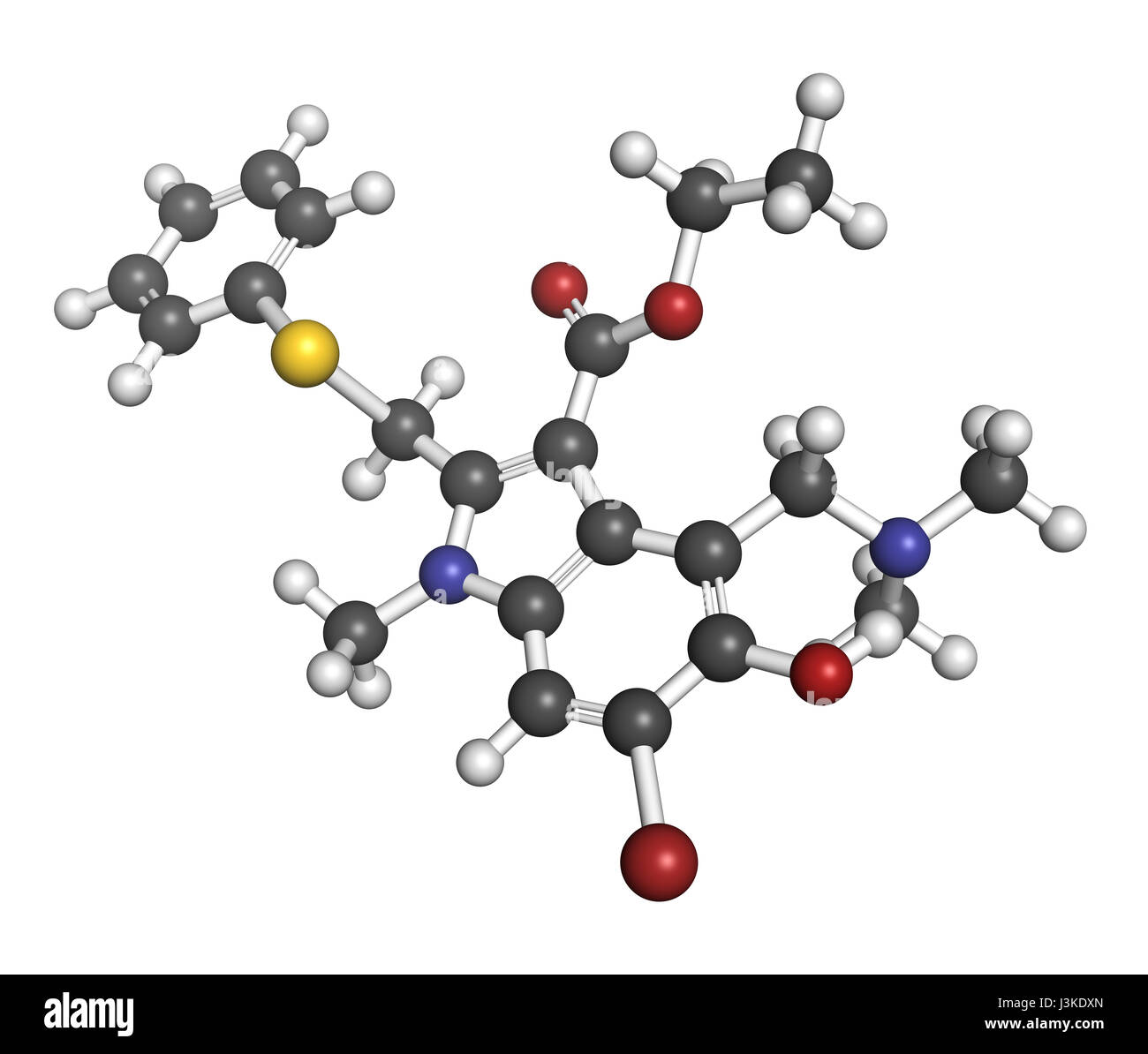 Arbidol influenza drug molecule. Atoms are represented as spheres with ...