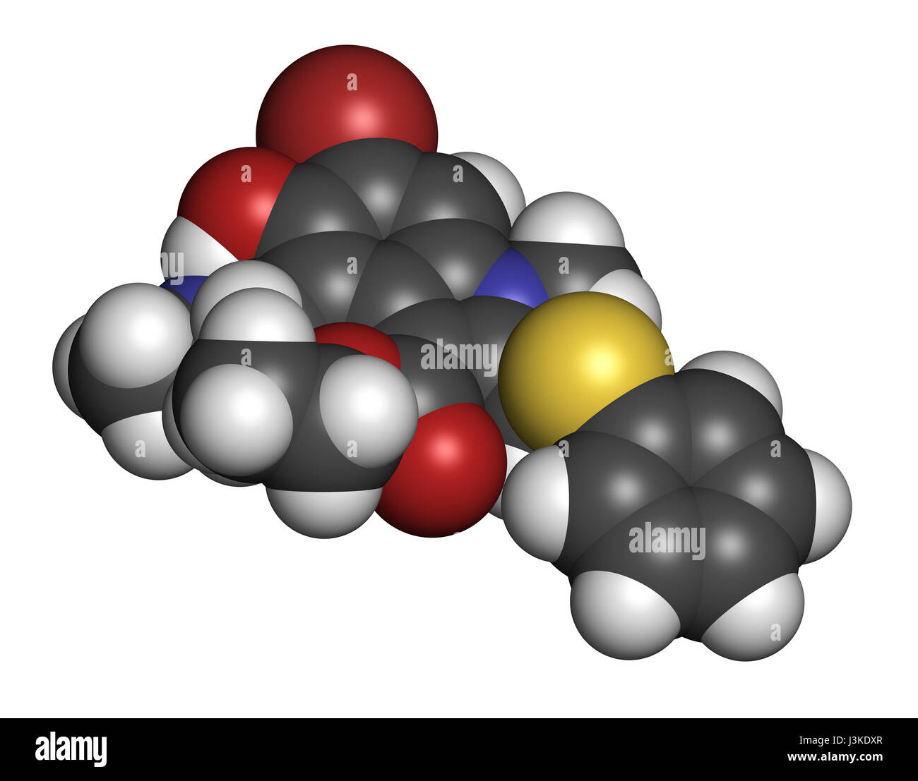 Arbidol influenza drug molecule. Atoms are represented as spheres with ...