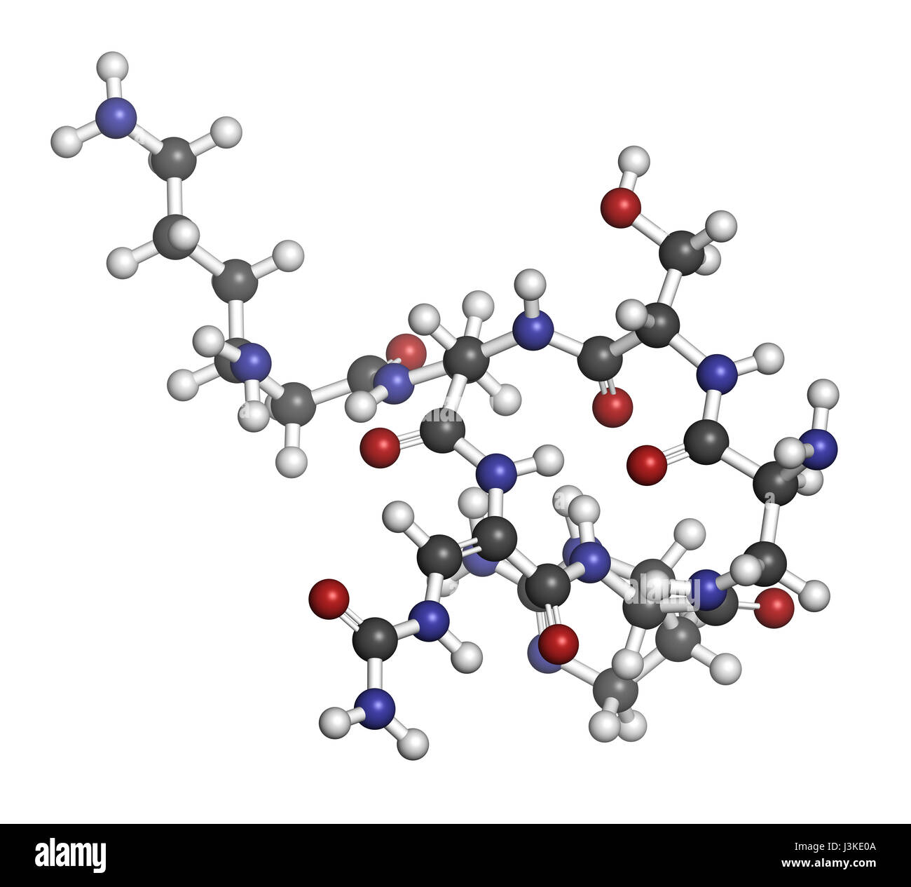 Capreomycin antibiotic drug molecule. Atoms are represented as spheres ...