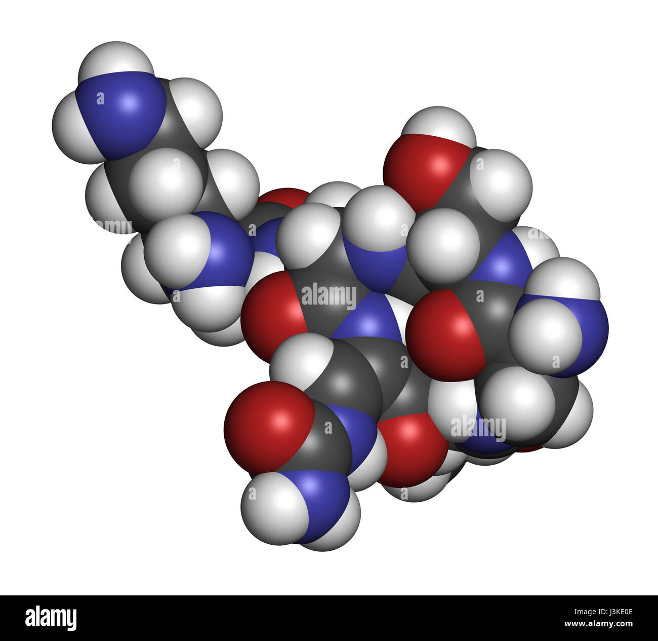 Capreomycin antibiotic drug molecule. Atoms are represented as spheres ...