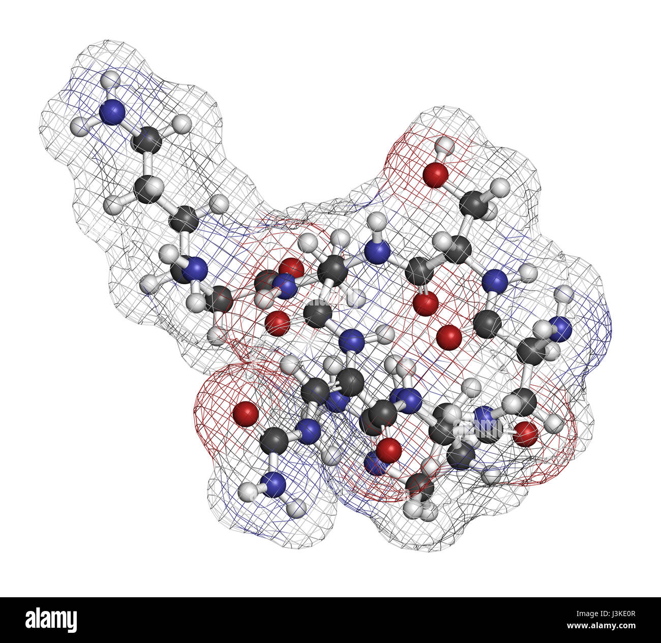 Capreomycin antibiotic drug molecule. Atoms are represented as spheres ...