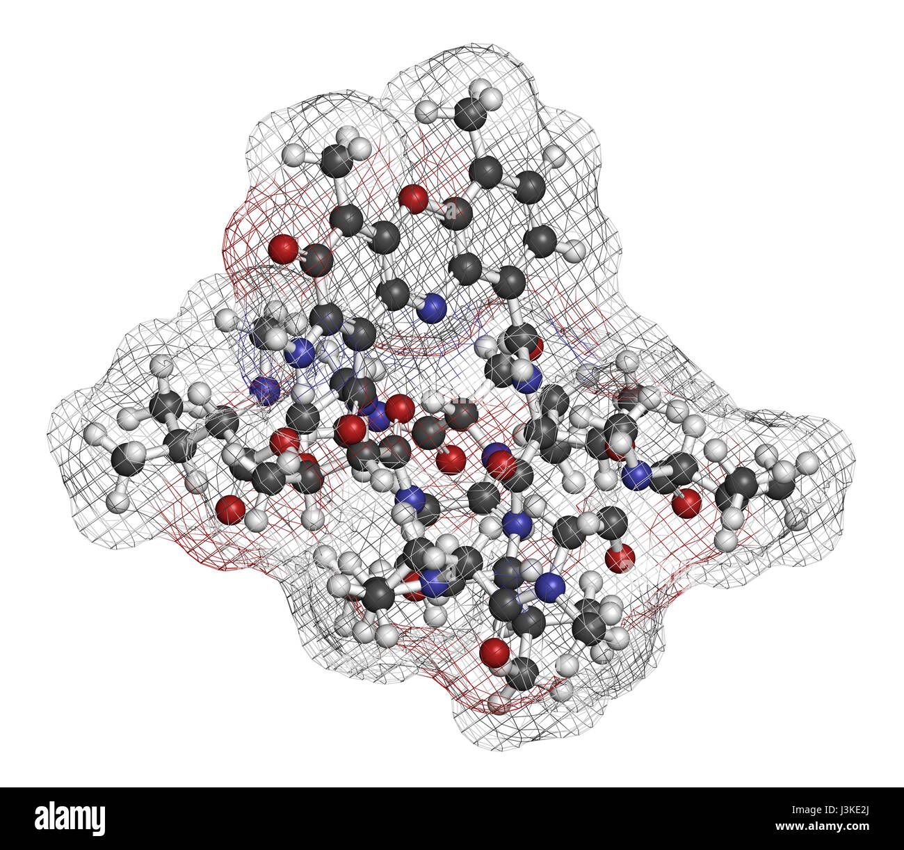 Dactinomycin (actinomycin D) cancer chemotherapy drug molecule. Atoms ...