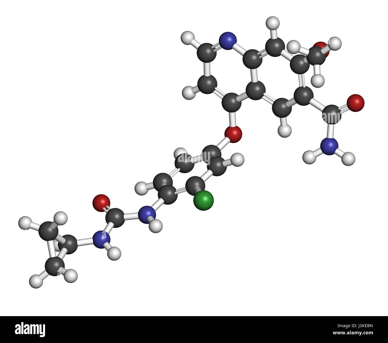 Lenvatinib cancer drug molecule (multi-kinase inhibitor). Atoms are ...