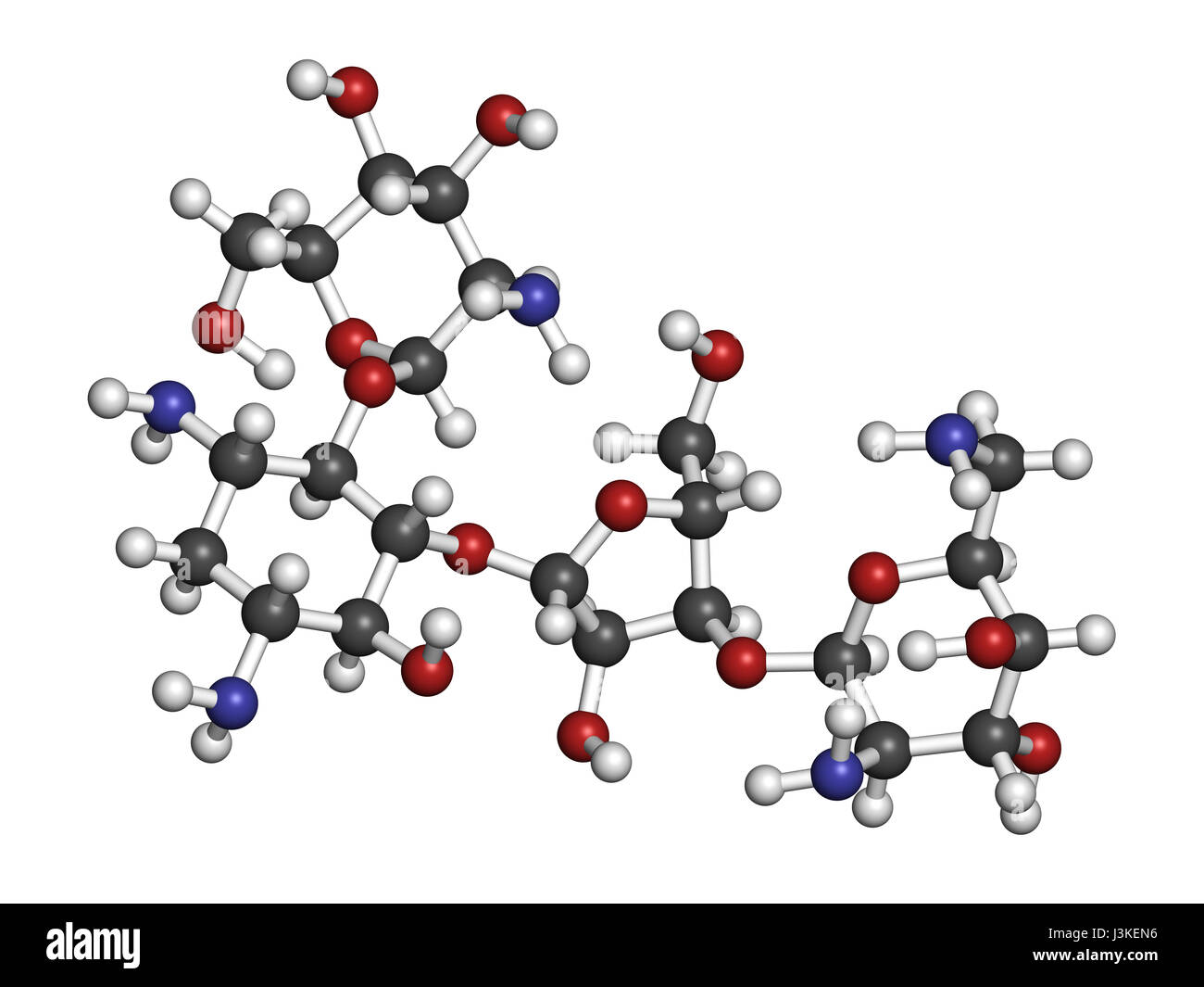 Paromomycin aminoglycoside antibiotic drug molecule. Atoms are ...