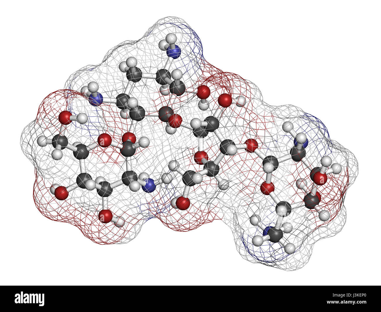 Paromomycin aminoglycoside antibiotic drug molecule. Atoms are ...