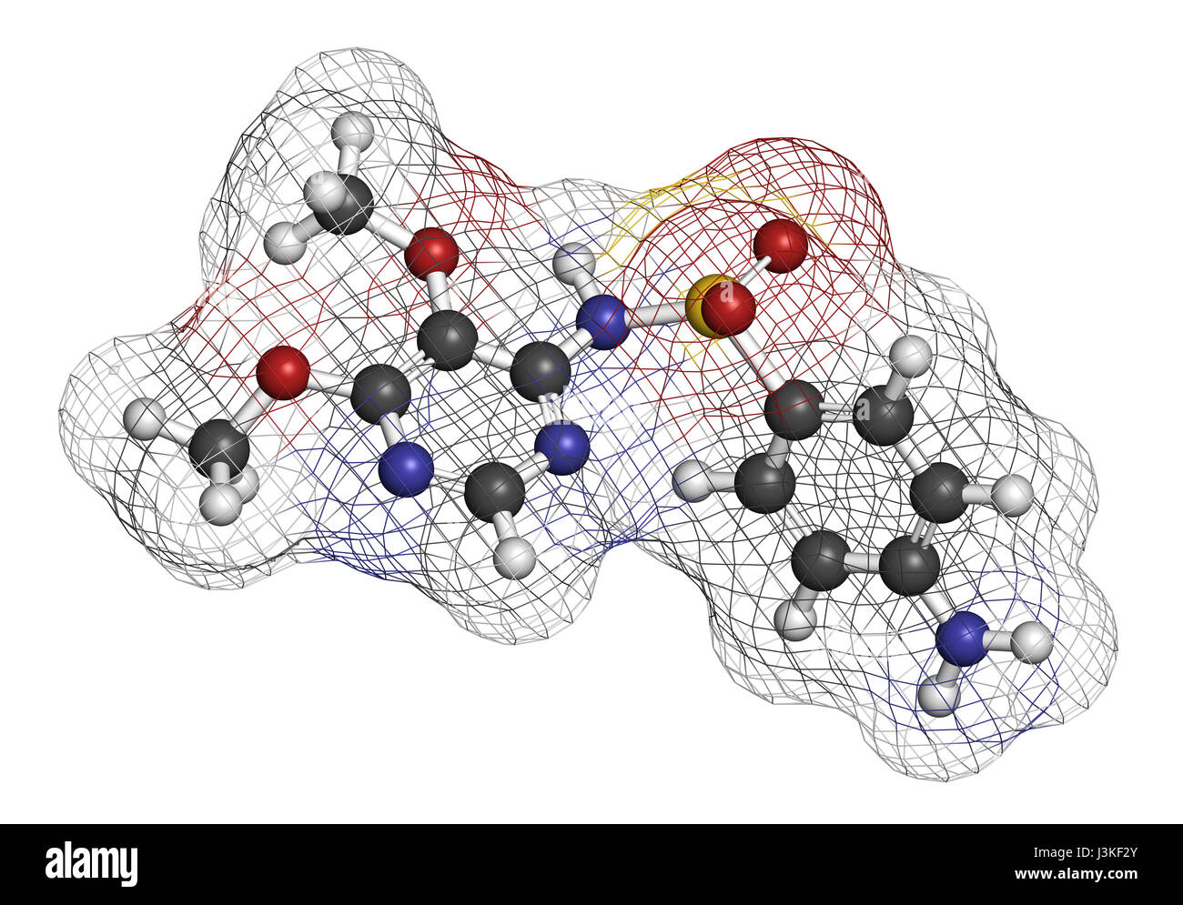 Sulfadoxine malaria drug molecule (sulfonamide class). Atoms are ...