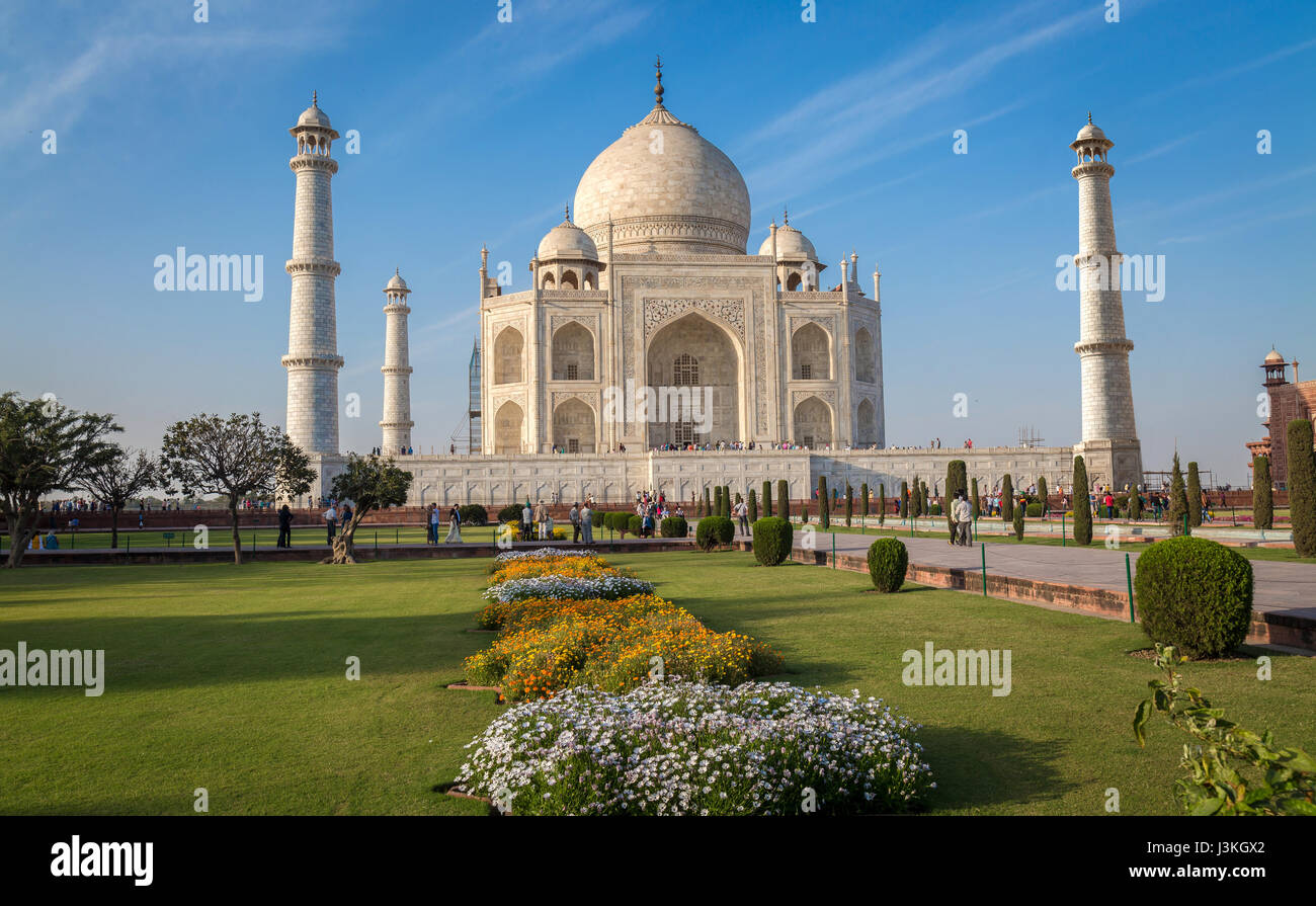 Taj Mahal white marble mausoleum built by emperor Shahjahan bears the ...