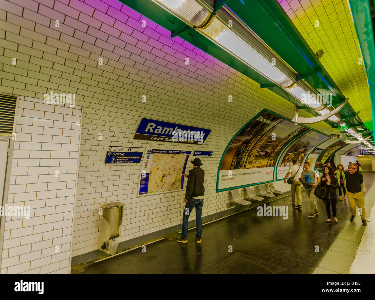 Paris, France June 1, 2015: Inside Parisian metro station, platform ...