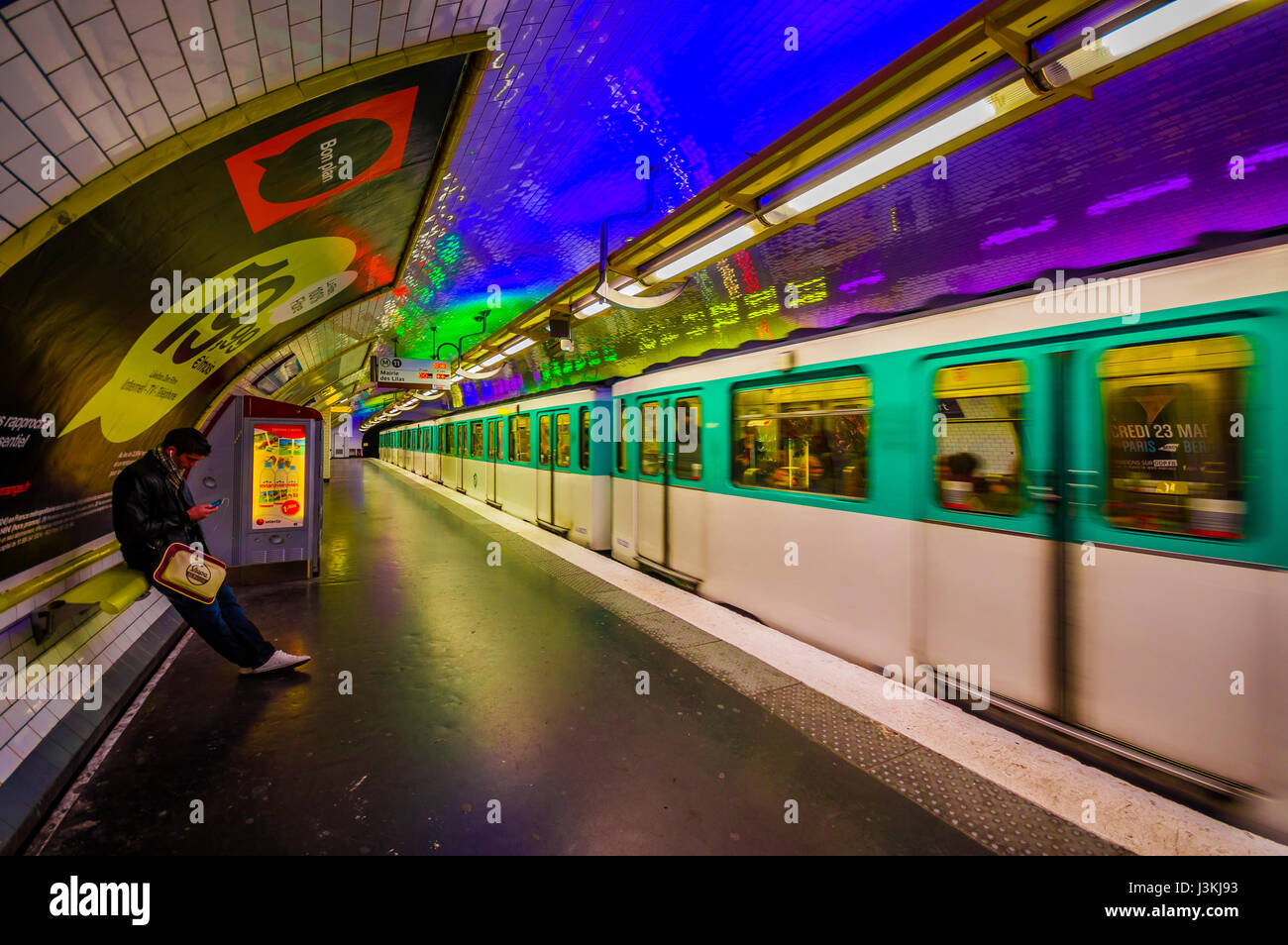 Paris, France - June 1, 2015: Metropolitain subway metro station, train ...