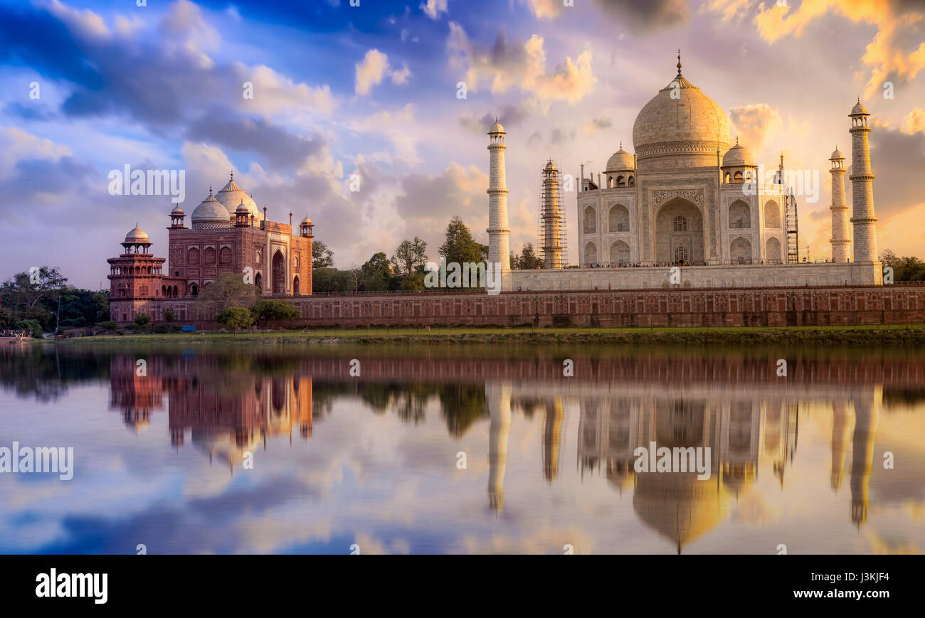 Taj Mahal sunset view from the banks of Yamuna river. Taj Mahal is a ...