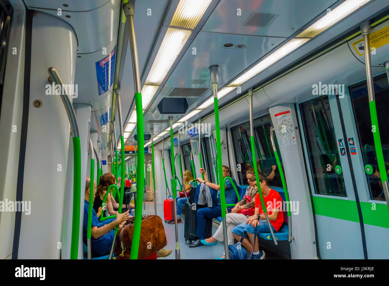 MADRID, SPAIN - 8 AUGUST, 2015: Inside subway train wagon leaving from ...