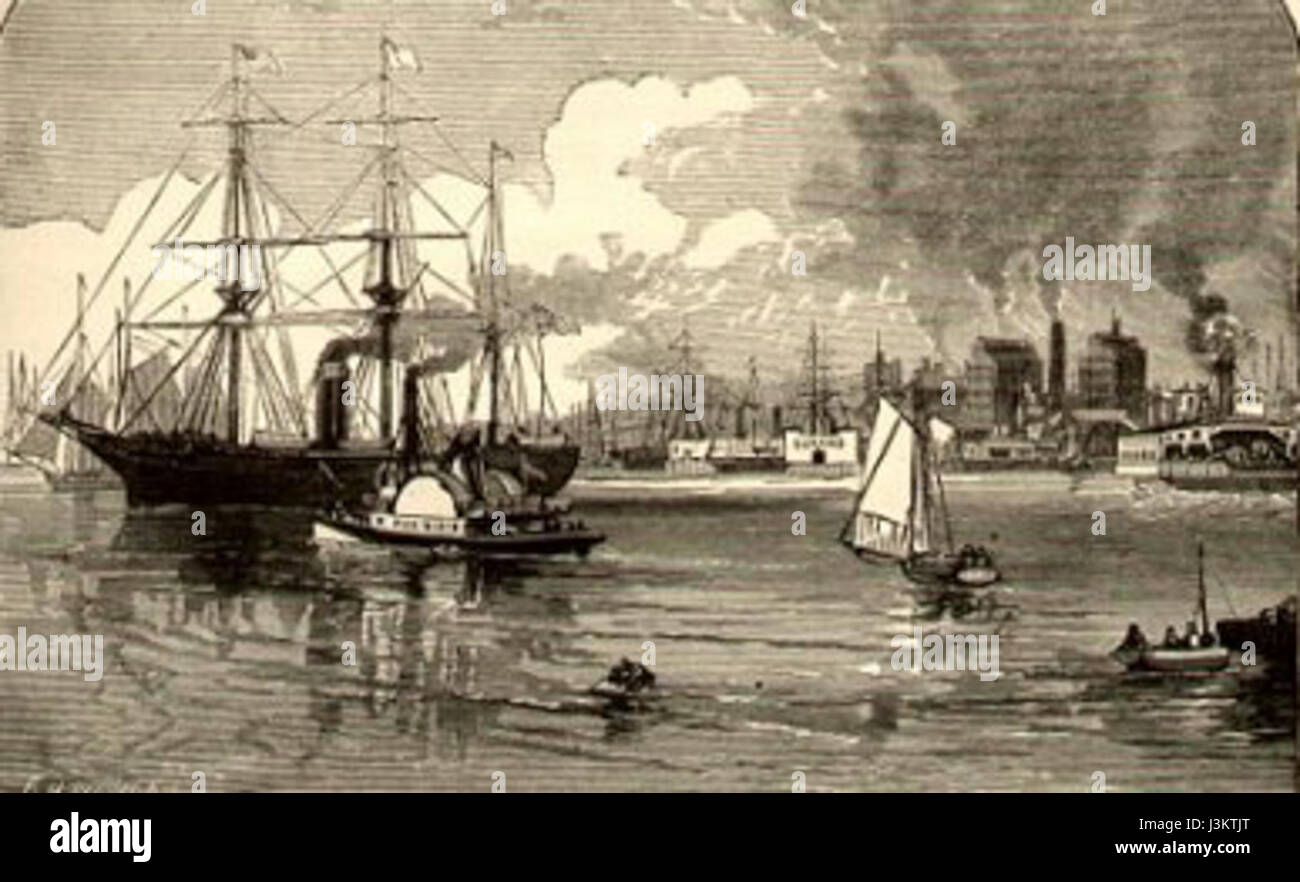 The image shows a view of the Hudson River from Jersey City in 1890 ...