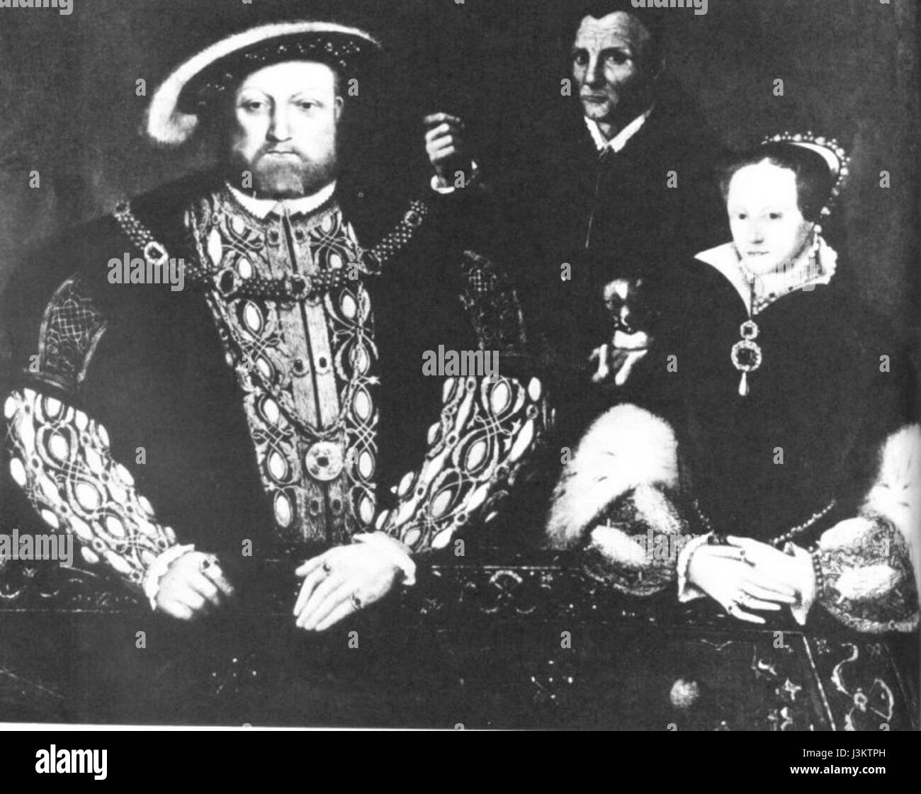 This historical depiction features King Henry VIII with his court ...